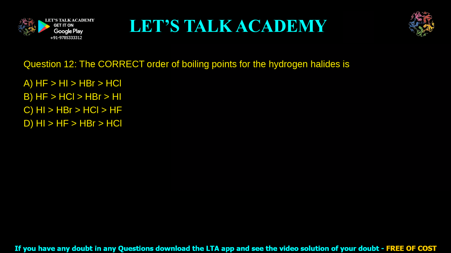 Correct Order of Boiling Points for Hydrogen Halides - CSIR NET LIFE ...